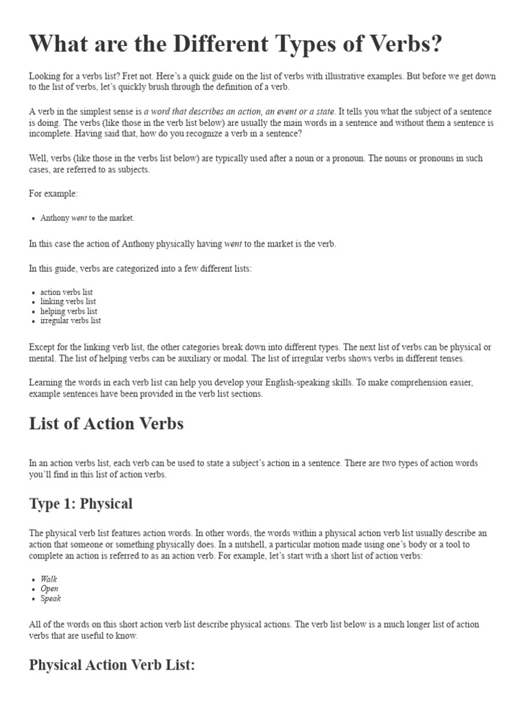 What are the Different Types of Verbs | PDF