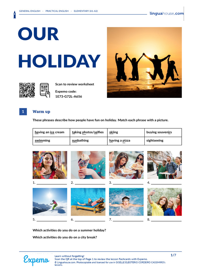 Our Holiday British English Teacher A1 A2 | PDF