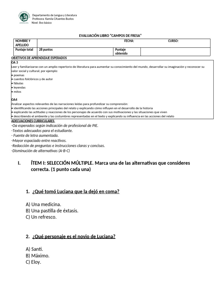 EVALUACION PABLO LIBRO CAMPO DE FRESAS | PDF