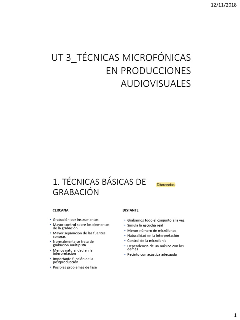 UT3 - PDF - Técnicas MIcrofónicas en Producciones Audiovisuales | PDF