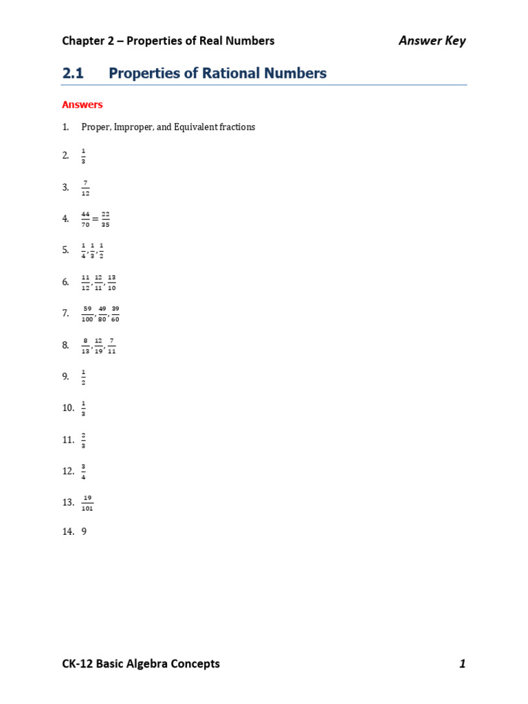 Answer Key - CK-12 Chapter 02 Basic Algebra Concepts | PDF