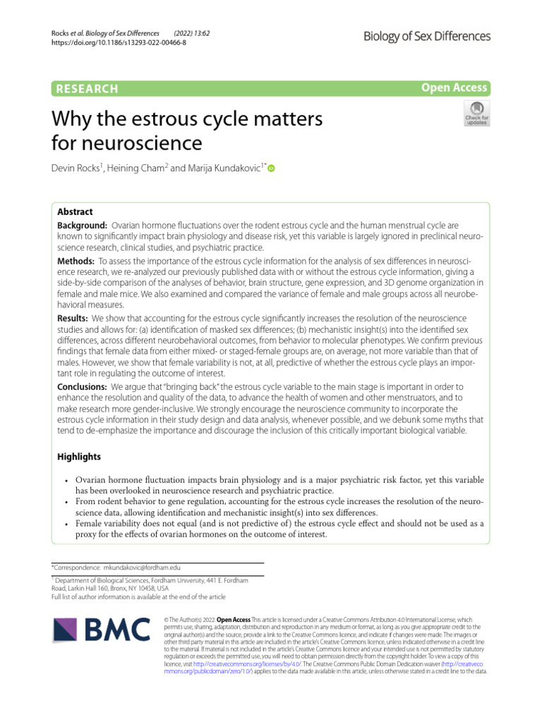 Why The Estrous Cycle Matters For Neuroscience: Research Open Access | PDF