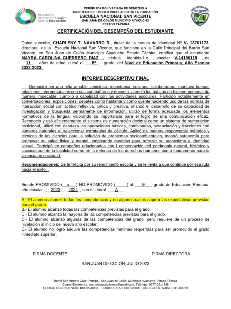 Modelo Informe Descriptivo Final Primaria | PDF