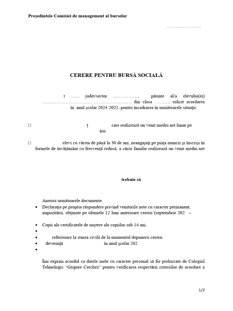 Cerere Bursa Sociala Venit | PDF