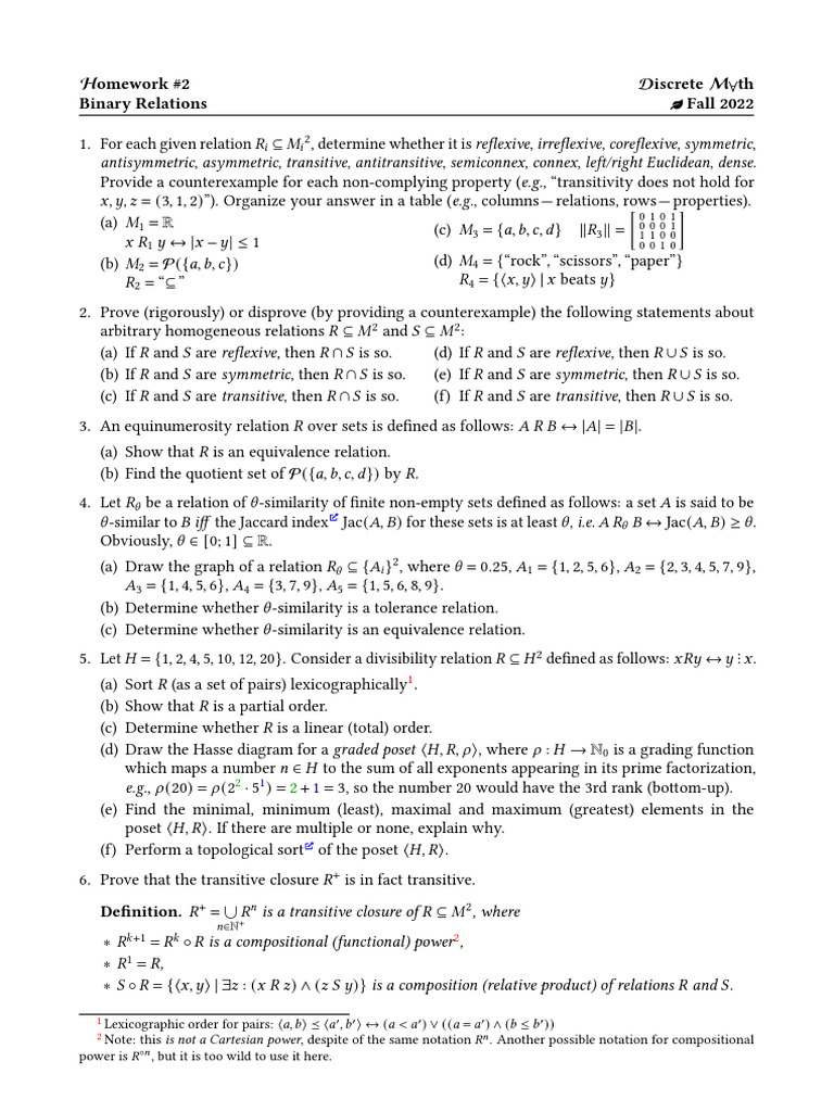 DM Fall2022 BinaryRelations Homework v2 | PDF