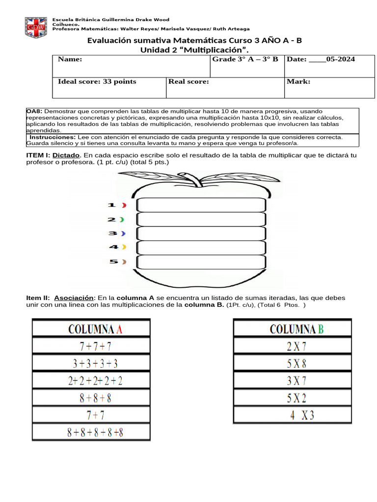 Prueba de Matematicas MULTIPLICACIÓN Tercero Básico | PDF