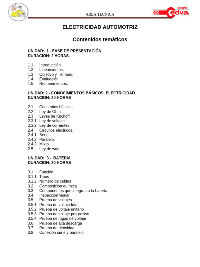 B Temario de Electricidad Automotriz | PDF