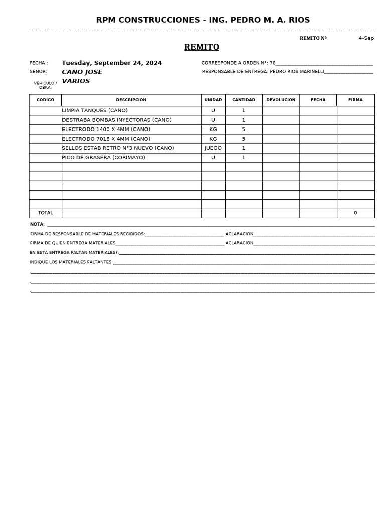 Remitos Mantenimiento | PDF