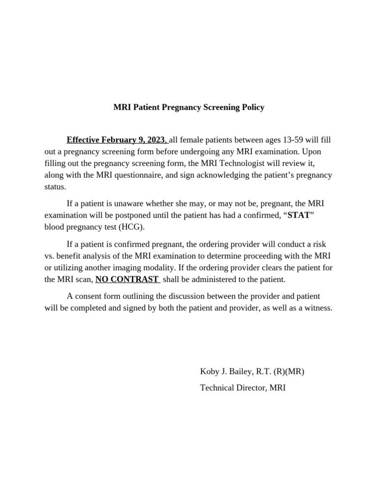 MRI Pregnancy Policy | PDF
