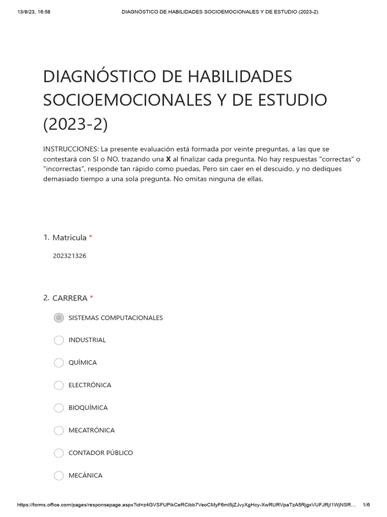 Diagnóstico de Habilidades Socioemocionales y de Estudio (2023-2) | PDF