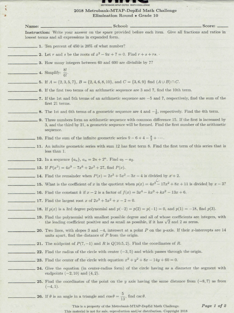 Mtap 2018 Elimination | PDF