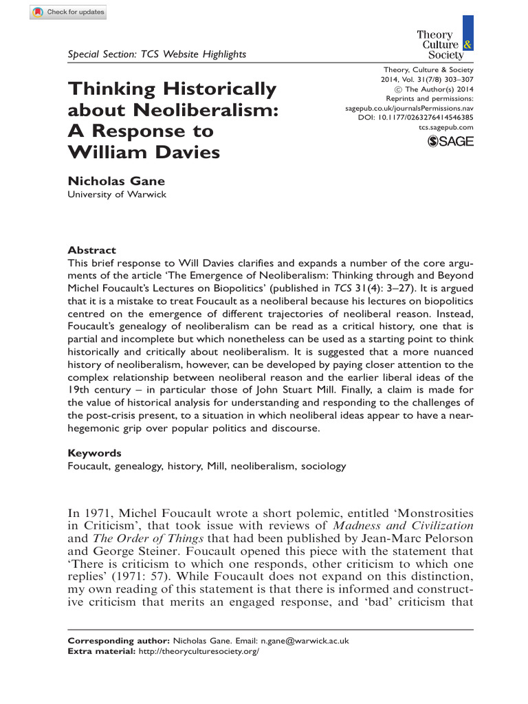 Gane 2014 Thinking Historically About Neoliberalism A Response To William Davies | PDF