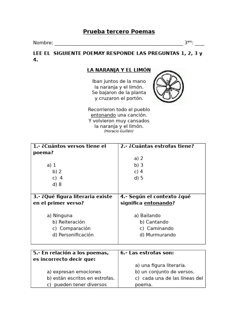 Prueba Los Poemas | PDF | Rima | Artes del Lenguaje y Comunicación