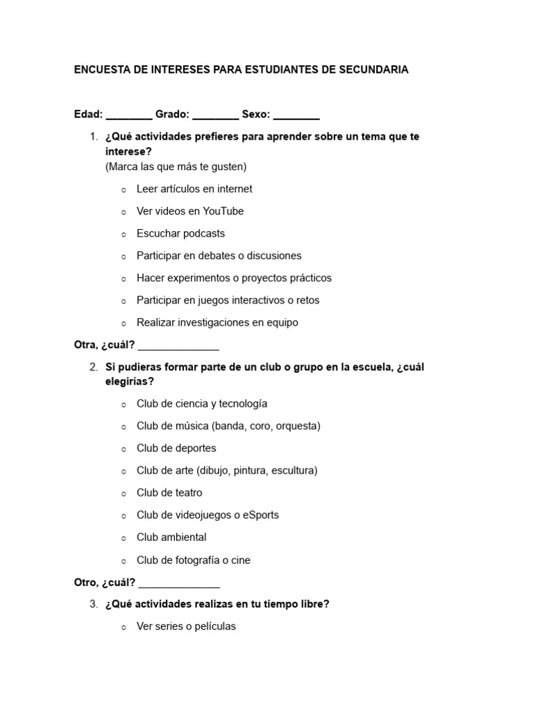 Encuesta de Intereses para Estudiantes de Secundaria | PDF