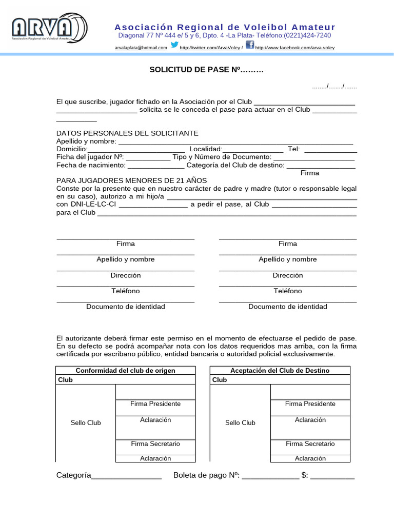 ARVA Solicitud de Pase | PDF