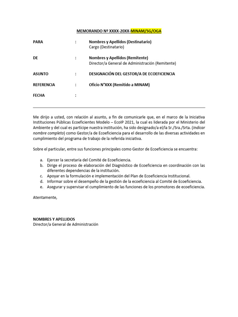 A Modelo+Memo+-+Designación+de+Gestor+de+Ecoeficiencia | PDF | Negocios ...