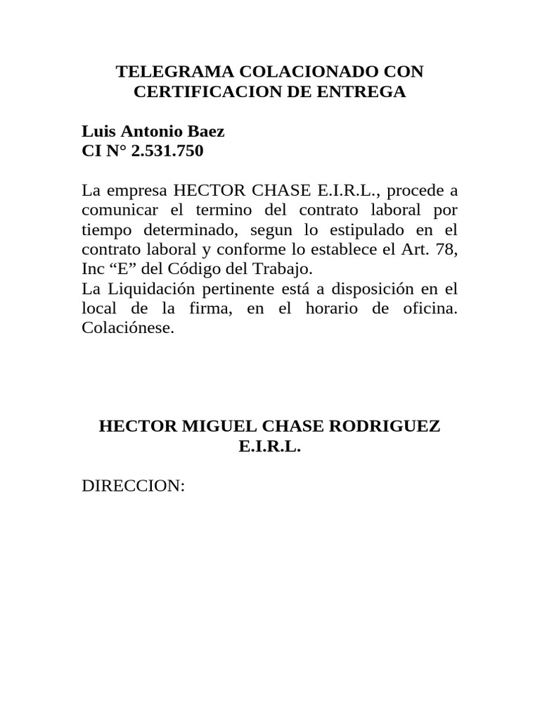 Telegrama Colacionado Terminacion de Trabajo | PDF