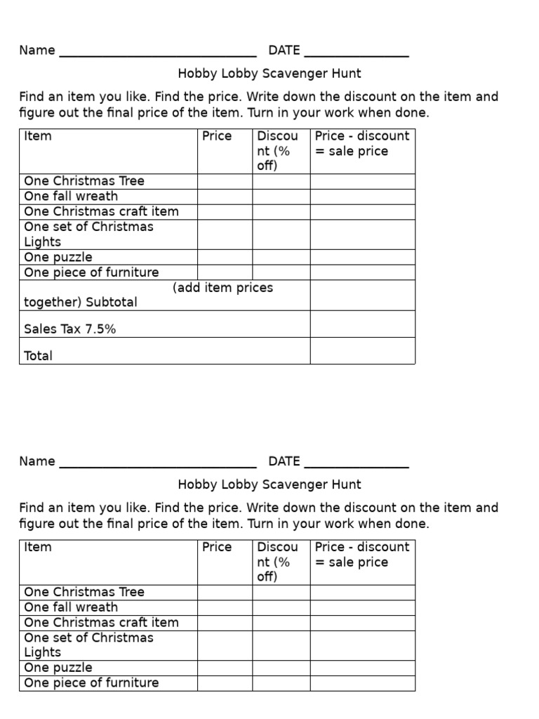 Hobby Lobby Scavenger hunt shopping list | PDF