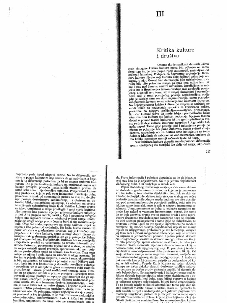 T. Adorno, Kritika Kulture I Društvo | PDF