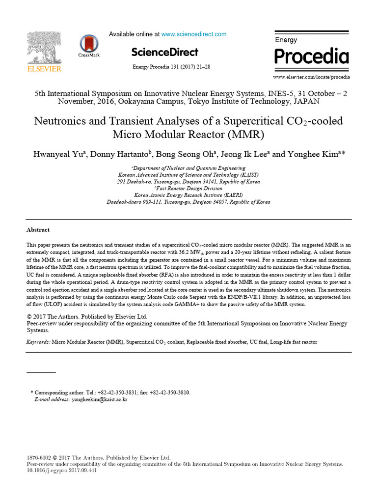 Neutronics and Transient Analyses of A Supercritical CO2-cooled Micro ...