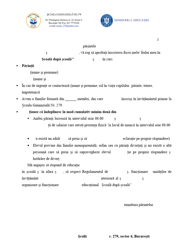 Cerere SDS - Scoala 279 | PDF
