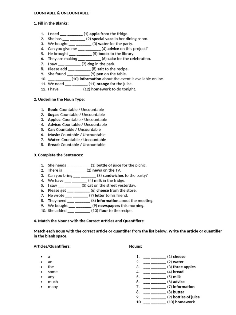 COUNTABLE and Uncountable Worksheet | PDF