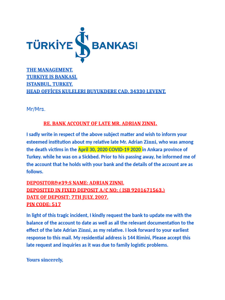 Application Letter of Claim For Late Mr. Maria Zinni | PDF