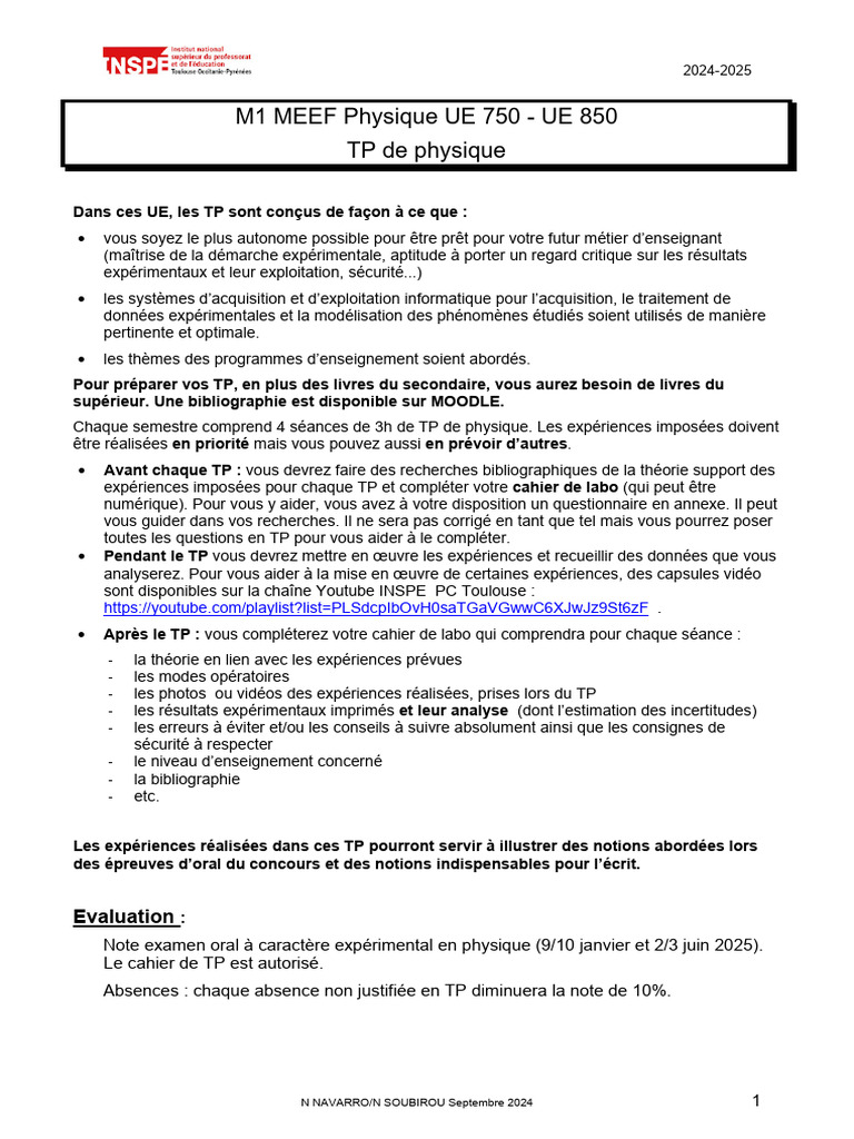 Organisation TP Physique M1 PC 2024-25 | PDF