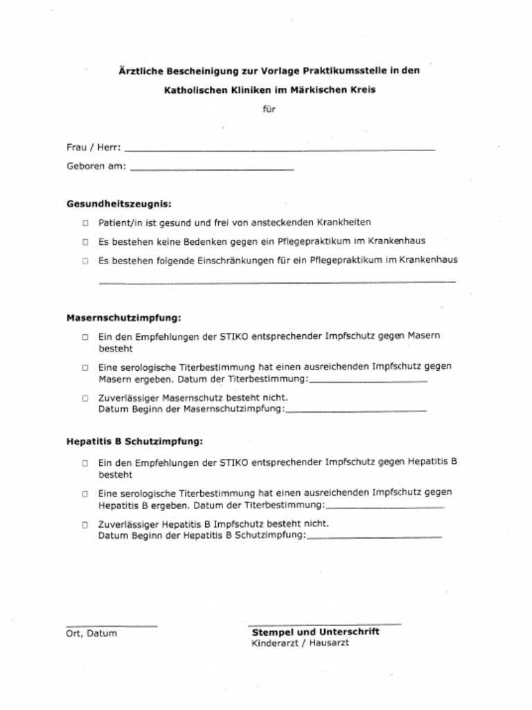 Ärztliche Bescheinigung KKIMK Muster | PDF