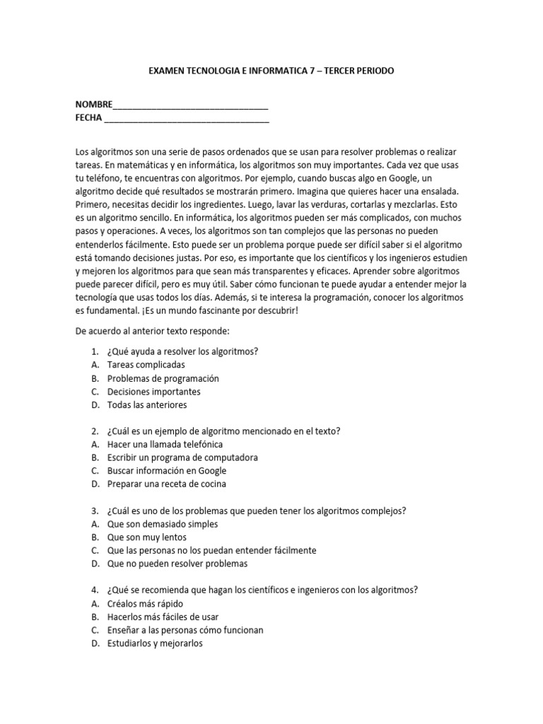 Examen Recuperacion Tecnologia 3P Grado 7 | PDF