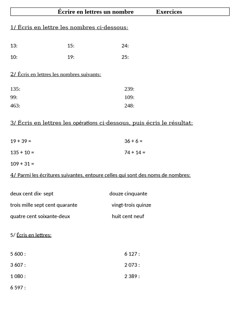 Exercices de Numération Au Ce2 Cycle3 Écrire en Lettres Un Nombre | PDF