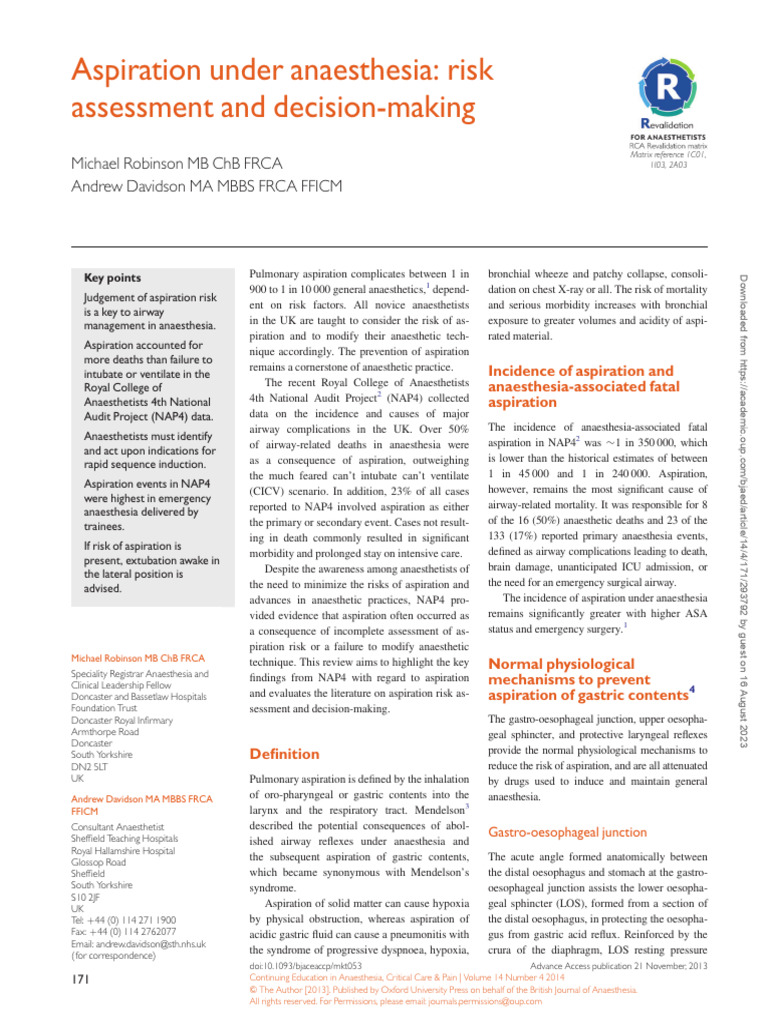 Aspiration Risk in Anaesthesia | PDF | Esophagus | Anesthesia