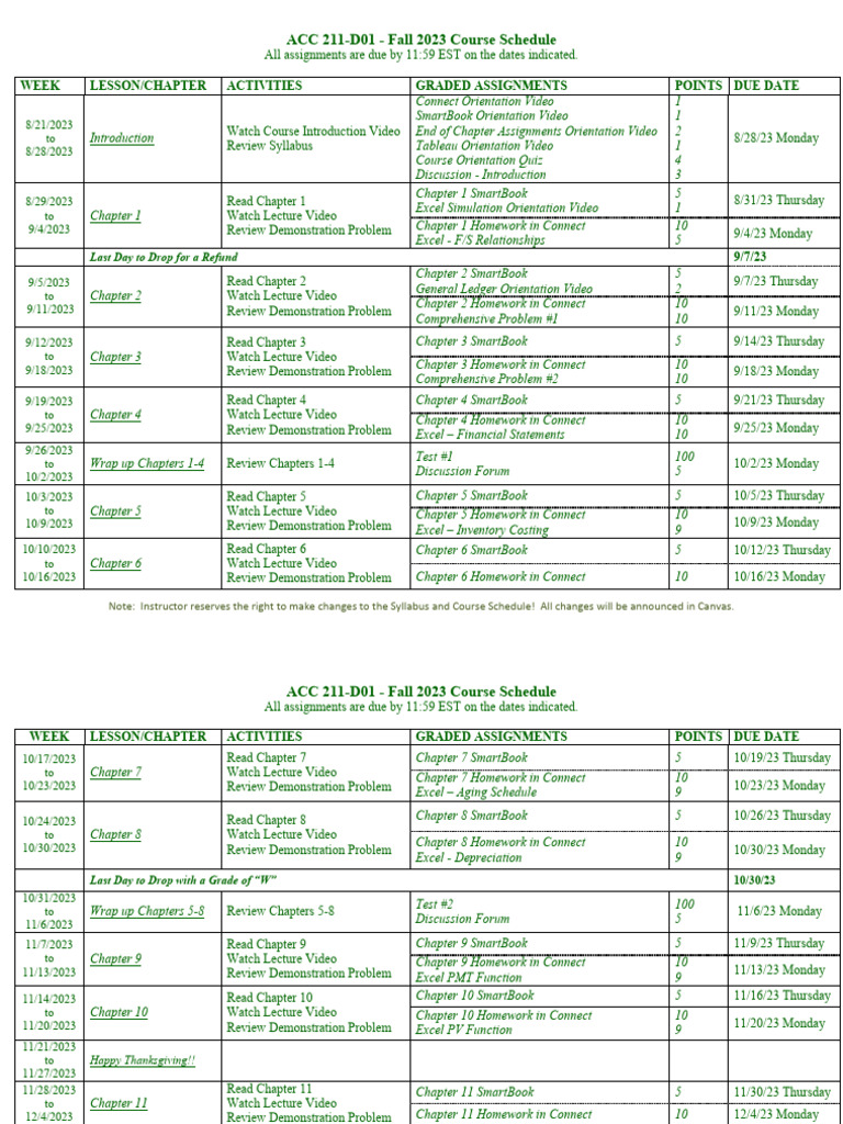 ACC 211-D01 Schedule Fall 2023 | PDF
