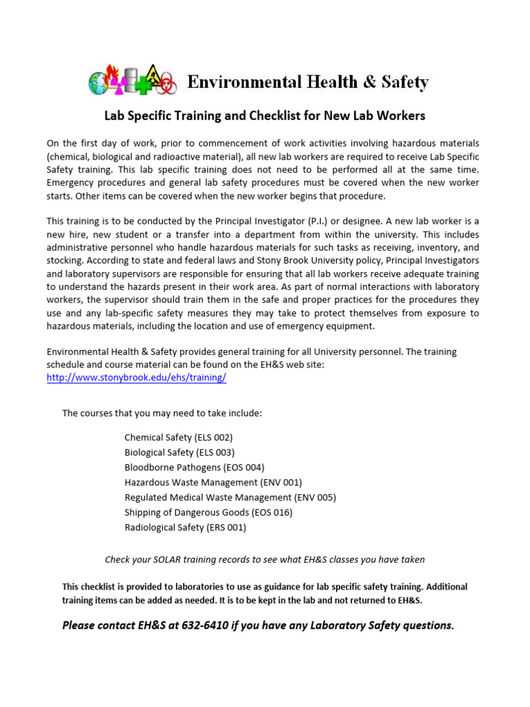 New Lab Worker Safety Training Checklist | PDF | Laboratories | Science ...
