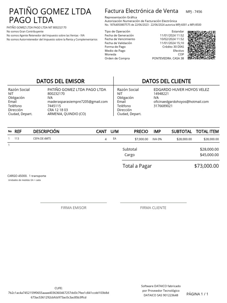 Factura Electrónica de Venta y Remisiones MPJ-7456 - PATIÑO GOMEZ LTDA | PDF | Industrias de ...