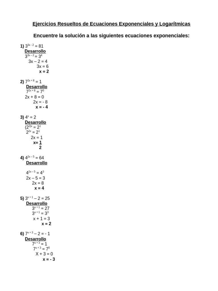Ejercicios Resueltos de Ecuaciones Exponenciales y Logaritmicas | PDF