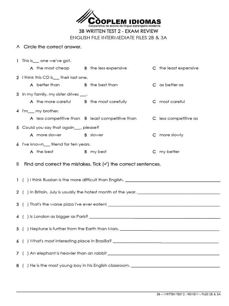 3B Written Test 2 - Exam Review English File Intermediate Files 2B & 3A ...
