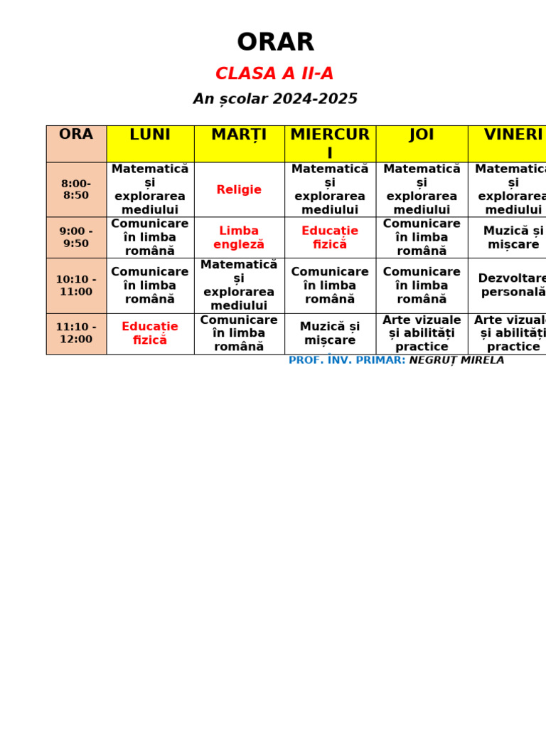 Orar - A II-a 2024 - 2025 | PDF