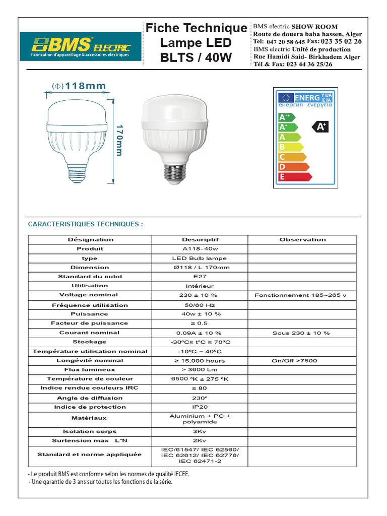 Fiche Technique Lampe LED BLT 40W BMS | PDF