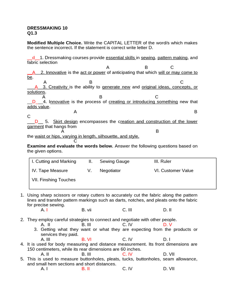 Dressmaking 10 Q1.3 Modified Multiple Choice | PDF