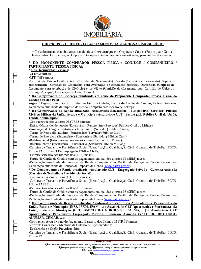 Checklist - Cliente - Financiamento Habitacional Imobiliário - Definitivo - Atualizado | PDF