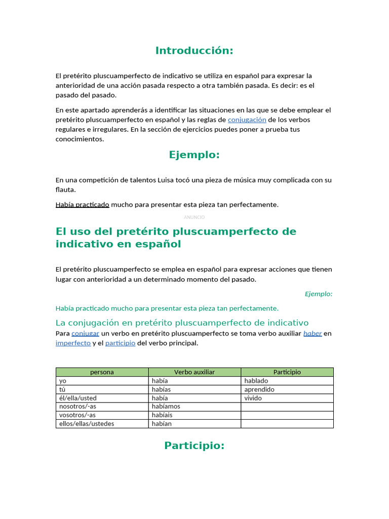 Preterito Pluscuamperfecto | PDF