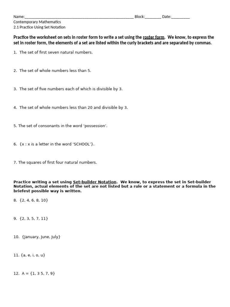2.1 Practice Using Set Notation | PDF