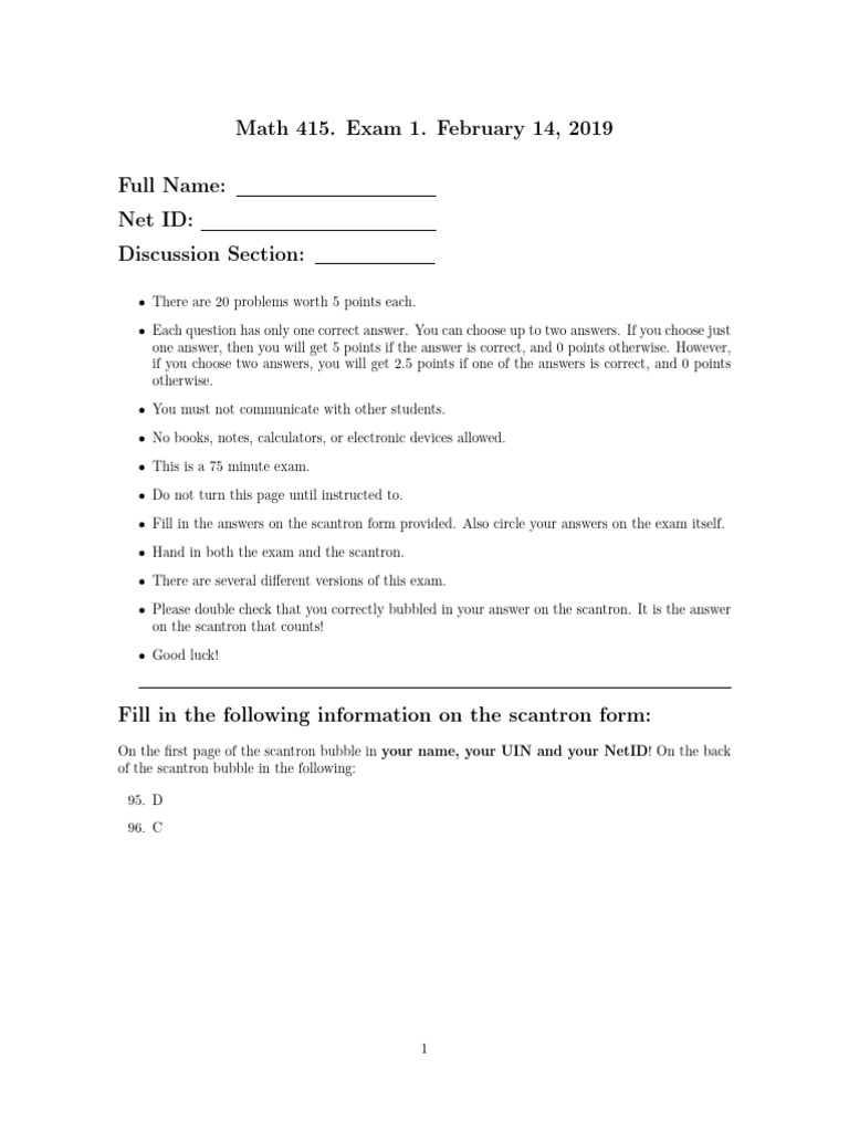 Math415 Spring2019 Midterm1 Exams | PDF