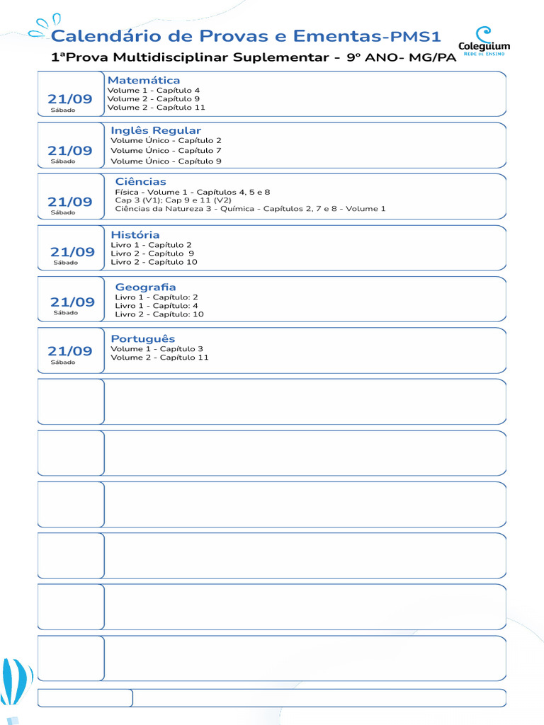 Calendário de Provas E Ementas: 1 Prova Multidisciplinar Suplementar | PDF