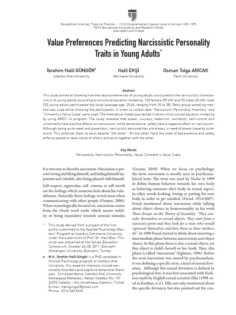 Value Preferences Predicting Narcissistic Personality Traits in Young Adults | PDF