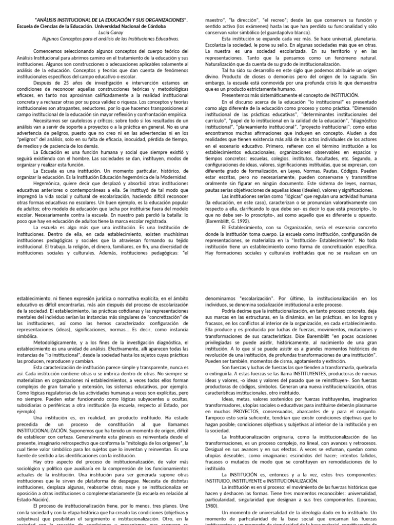 ANÁLISIS INSTITUCIONAL DE LA EDUCACIÓN Y SUS ORGANIZACIONES Lucía Garay ...