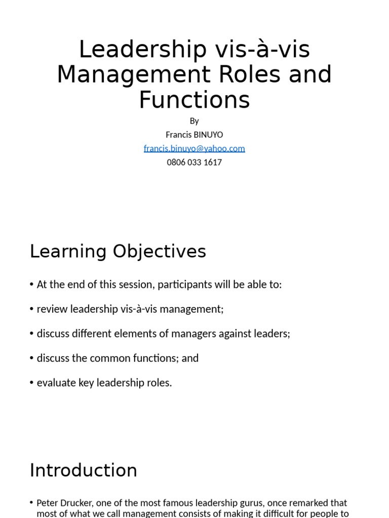 Leadership Vis-À-Vis Management Roles and Functions | PDF