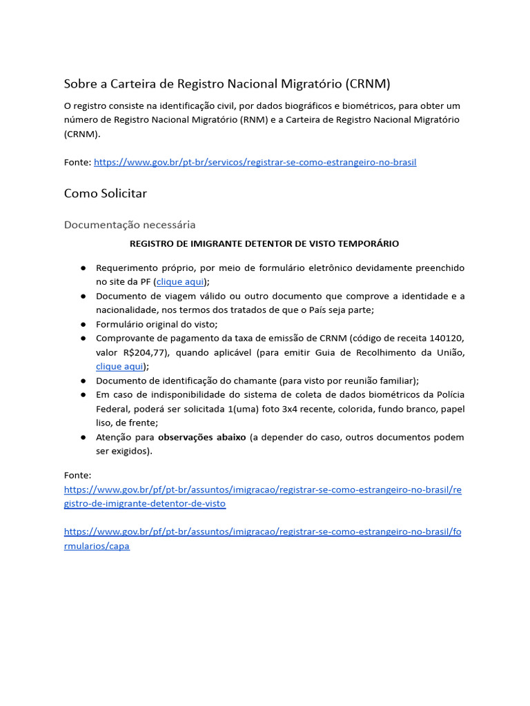 Sobre A Carteira de Registro Nacional Migratório (CRNM) | PDF