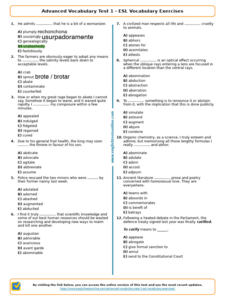 650 Advanced Vocabulary Test 1 Esl Vocabulary Exercises | PDF